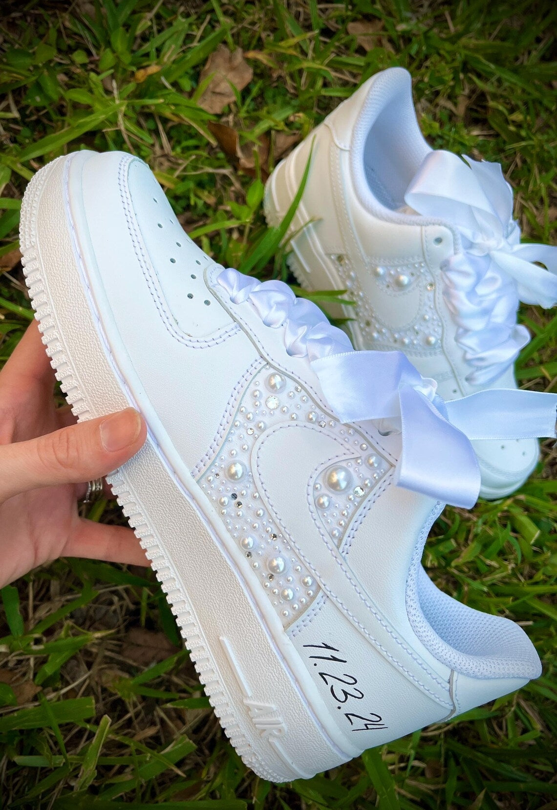 Custom Air Force 1 White With Pearl Embellishments And Ribbon Laces ...